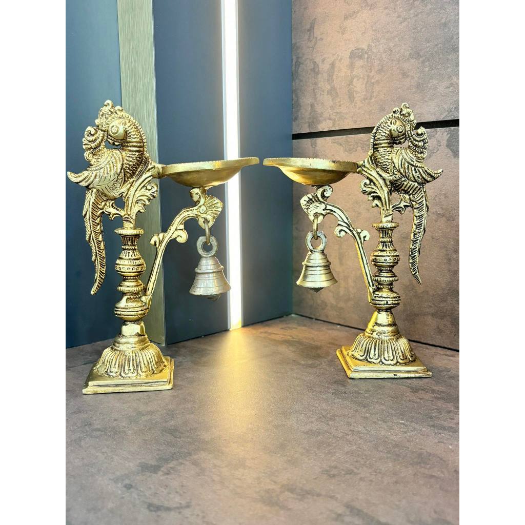 7 Inches Peacock on Pillar Design Brass Diya Pair, Brass Diyas for ...