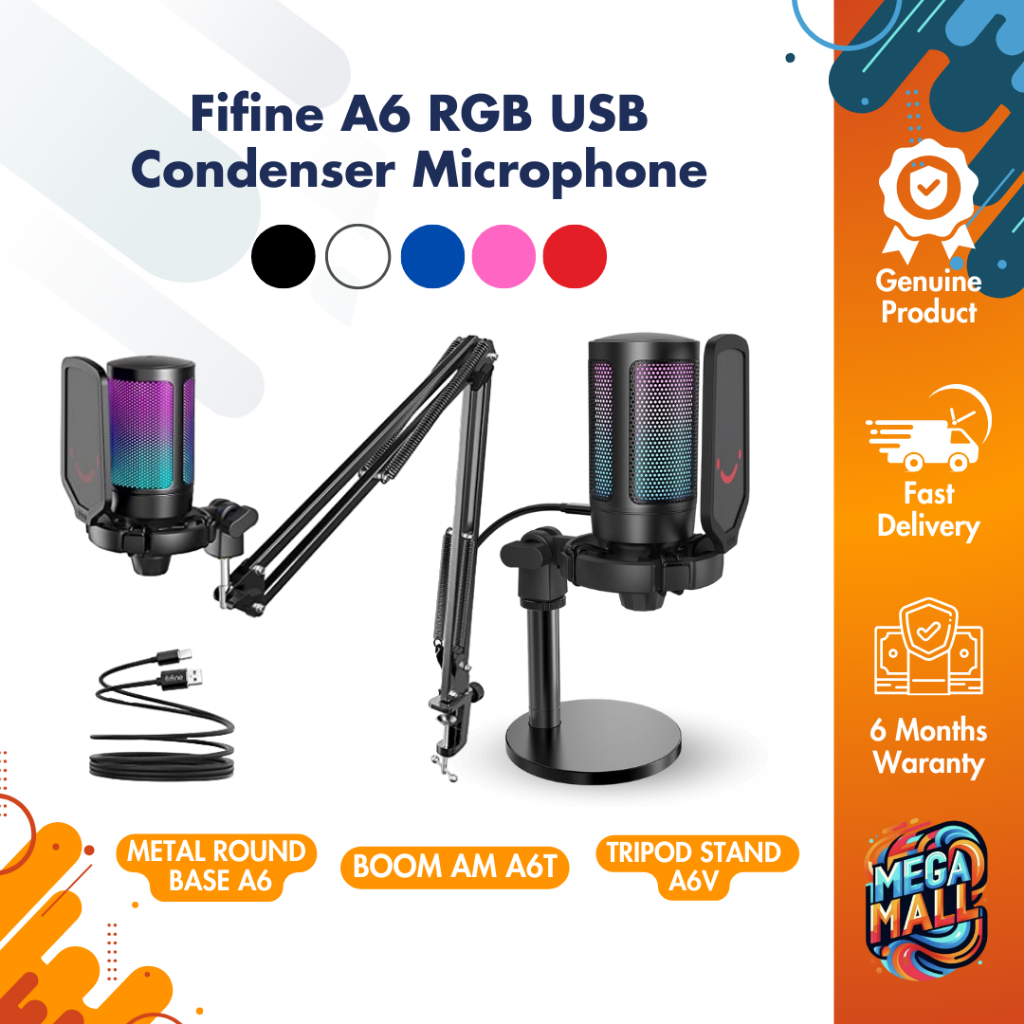 Fifine A6 USB Microphone – RGB Condenser with Mute Button & Gain ...