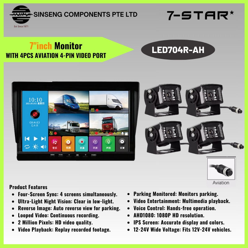 7-STAR* 4 PIN 4CH Vehicle Car DVR Recorder 7inch Monitor + 4PCS ...