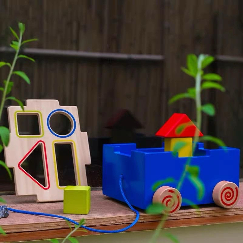 Shapes recognition learning wooden roller car interactive string pull ...