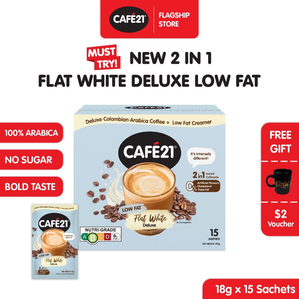 Cafe21 Flat White Deluxe Low Fat Instant Coffee Mix - 18g x 15 Sachets ...