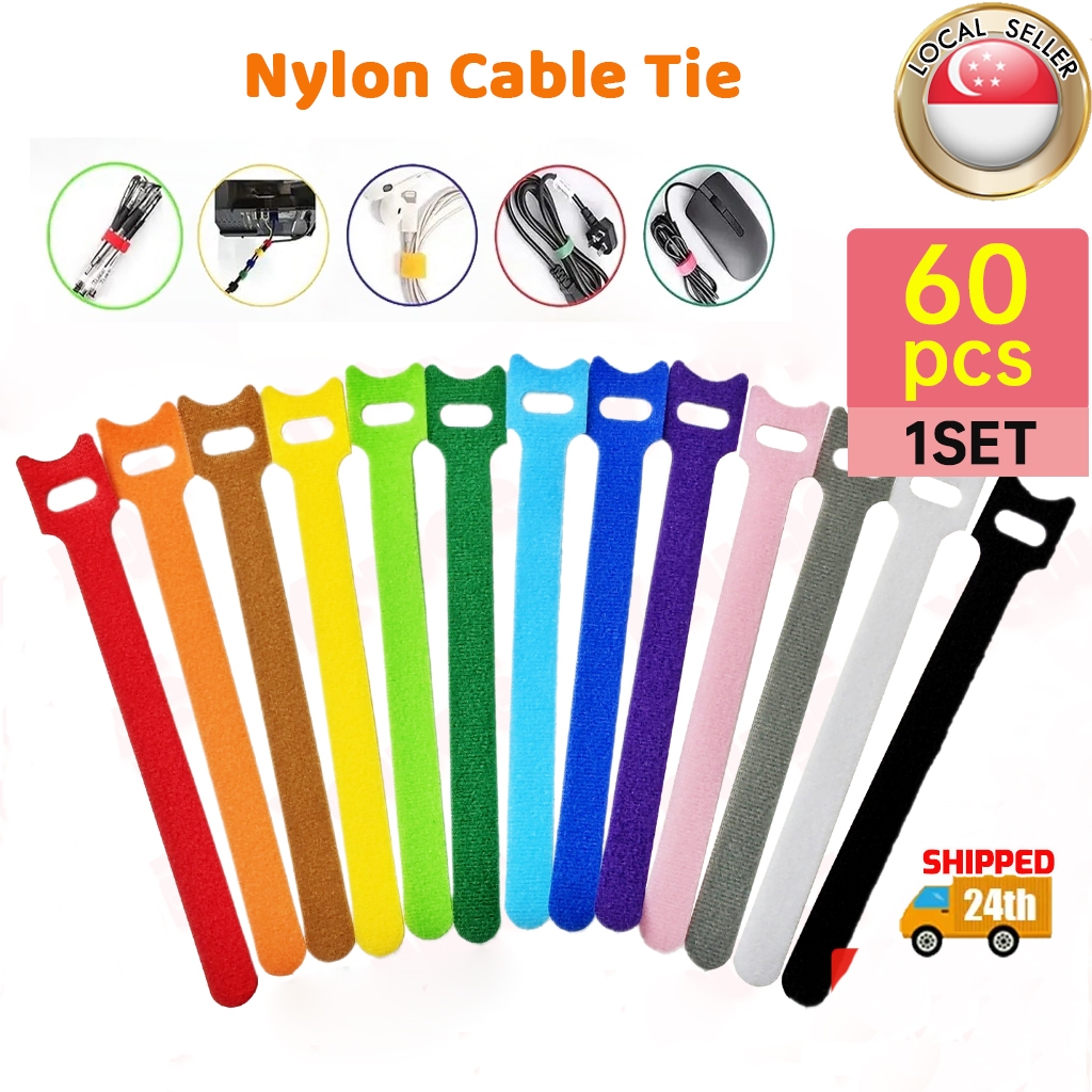 🇸🇬【SG stock】60pcs T-type Velcro Nylon Cable Tie Reusable & Adjustable ...