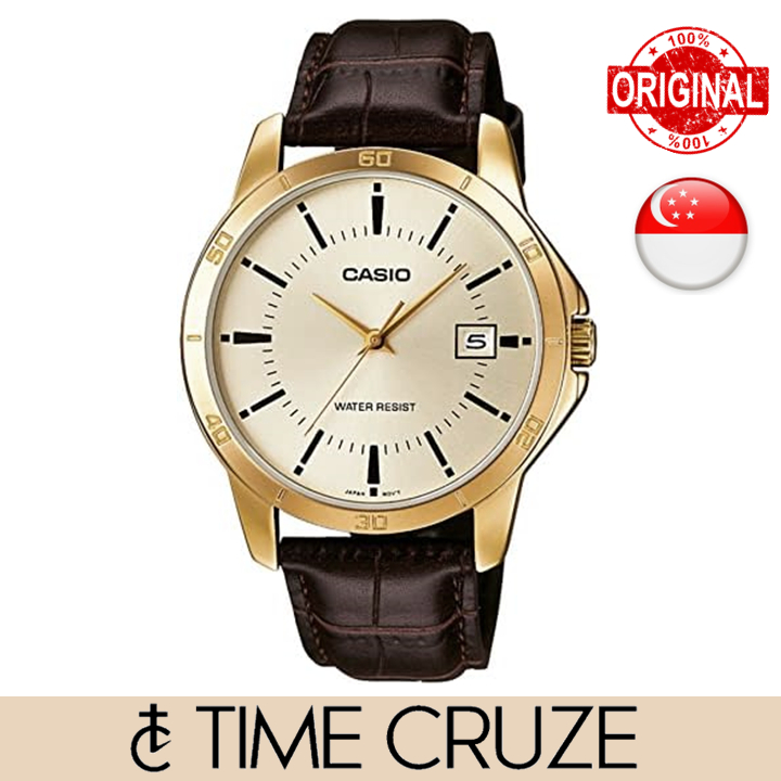 [Time Cruze] Casio MTP-V004 Analog Quartz Brown Leather Band Gold Tone Dial Men Watch MTP-V004GL ...