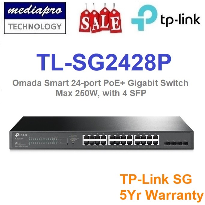 TP-LINK TL-SG2428P Omada Smart 24-Port Gigabit P0E+ 250W Switch & 4 SFP ...