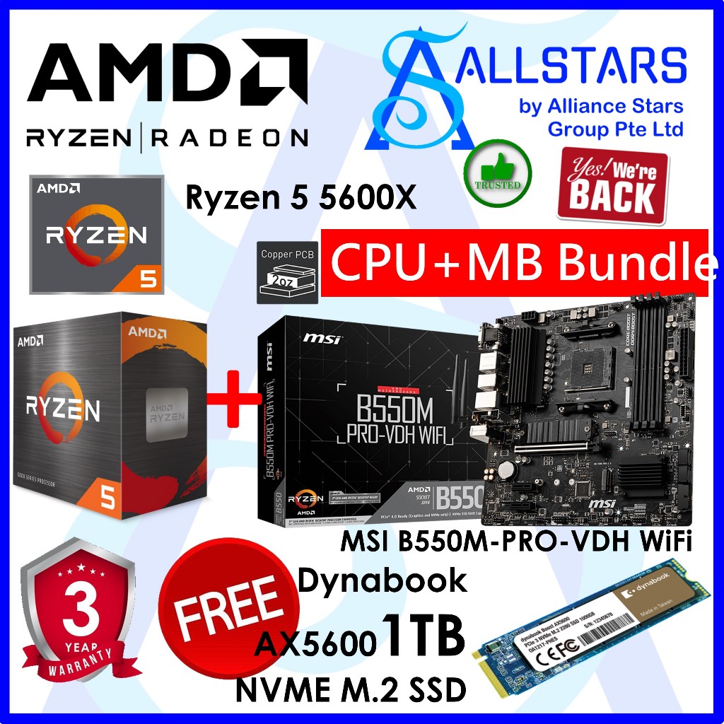 ALLSTARS : FREE Dynabook 1TB NVME M.2 SSD =>AMD Ryzen 5 5600X Box CPU + MSI B550M-PRO-VDH WiFi ...
