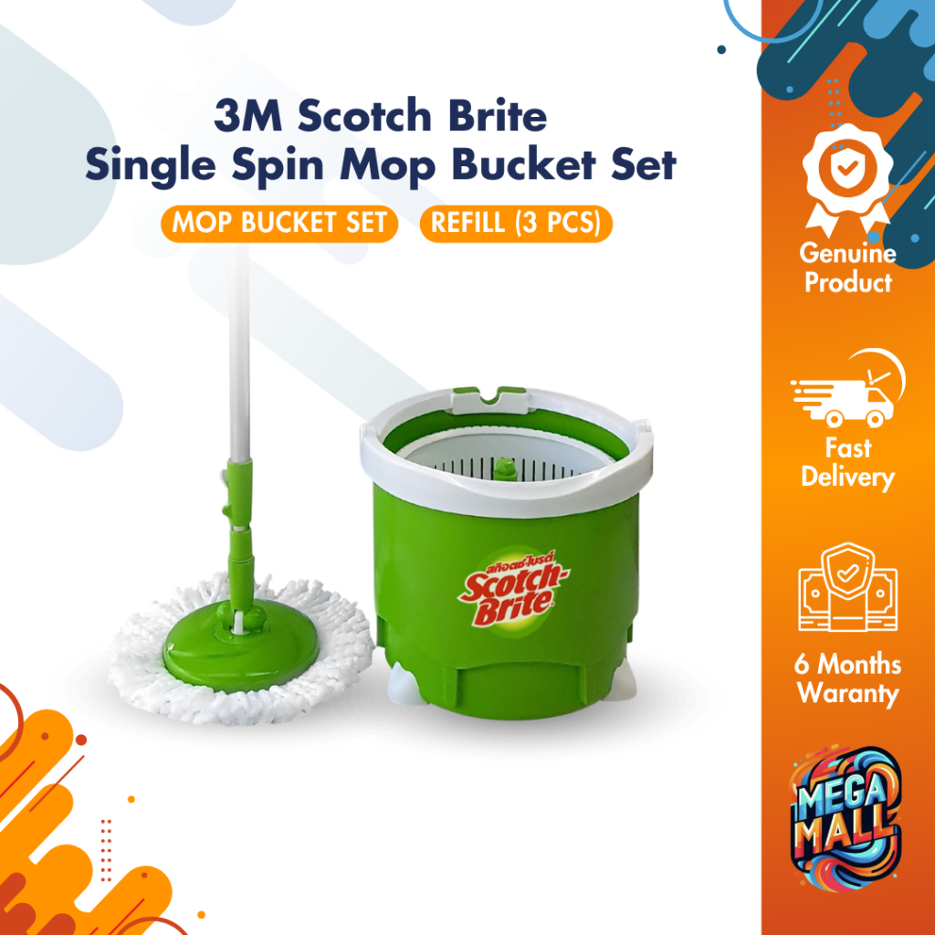 3M Scotch Brite Spin Mop Set - Single Bucket, 360 Rotating Head, Long ...