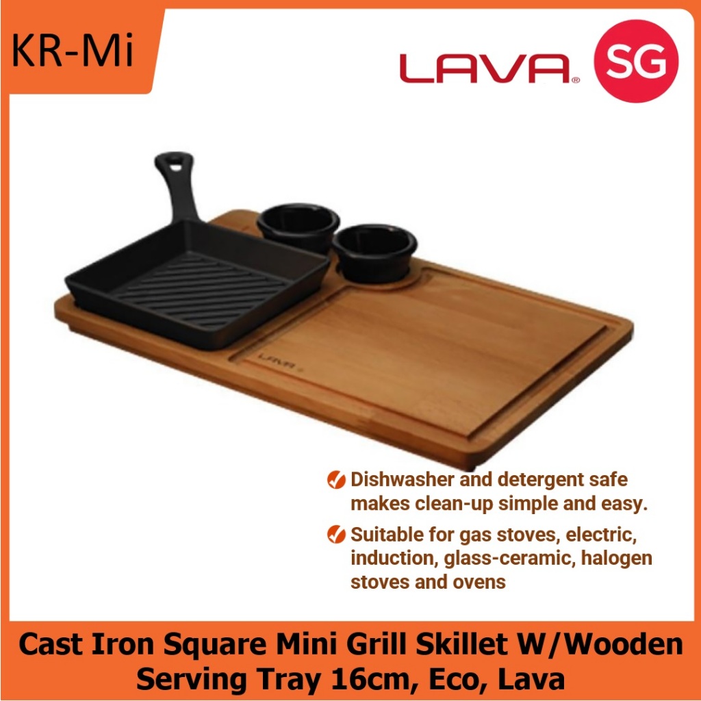 LAVA ECO CAST IRON SQUARE MINI GRILL SKILLET W/ WOODEN SERVING TRAY ...