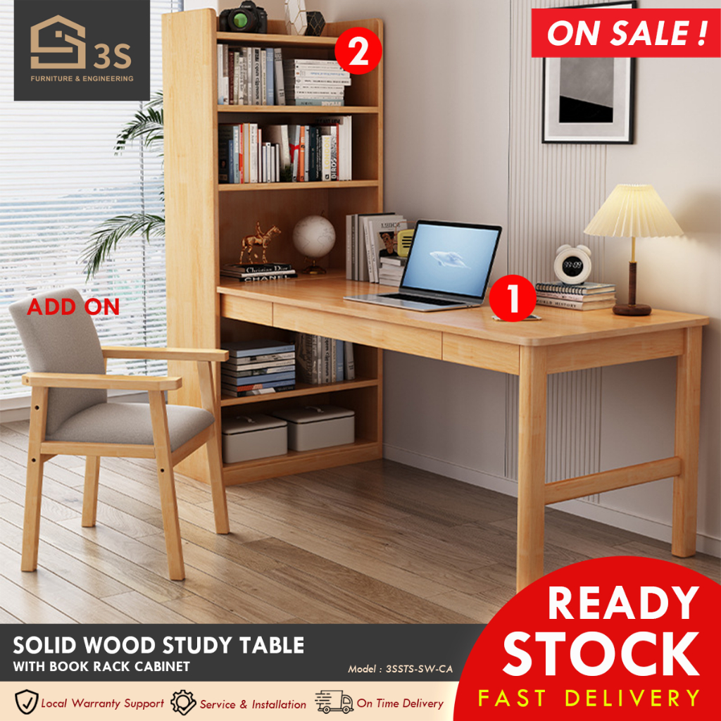 [3S FURNITURE] Solid Wood Multifunctional Study Table Set with High Book Rack + Drawer * FREE ...