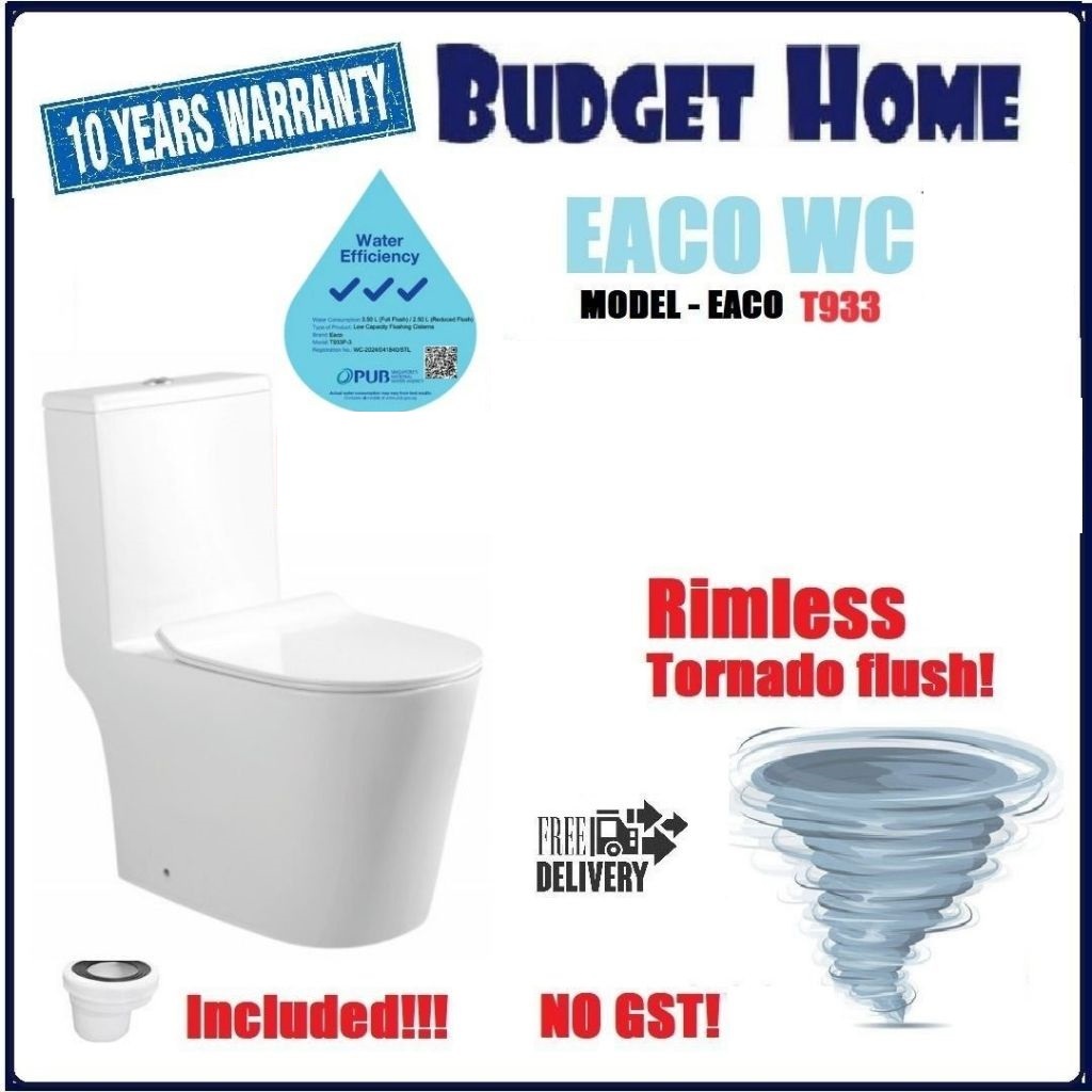 Eaco T933 rimless tornado flush toilet bowl | Shopee Singapore