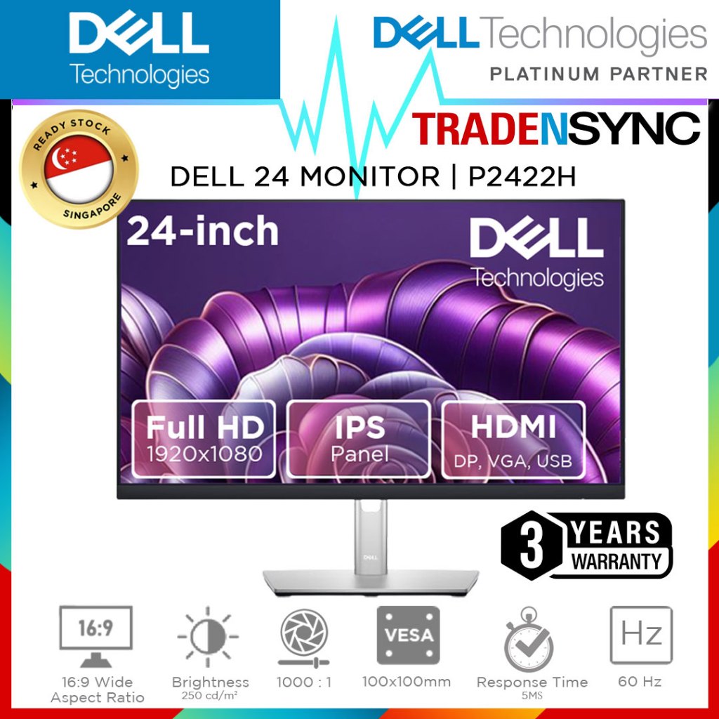 Dell P2422H 24 Inch Full HD Monitor, 60Hz, IPS, 5ms, 99% sRGB ...