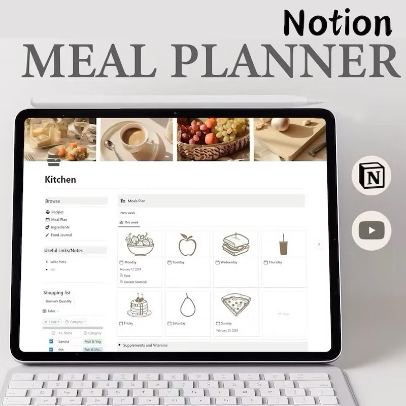 Meal Planner Notion Template - Notion Digital Planner, Meal Plan Template, Grocery List, Digital ...