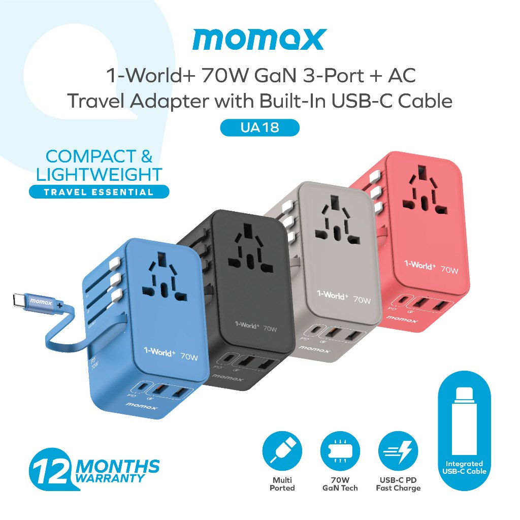 Momax UA18 I-World+ 70W GaN 3-Port + AC Travel Adapter w/ Built-in USB ...