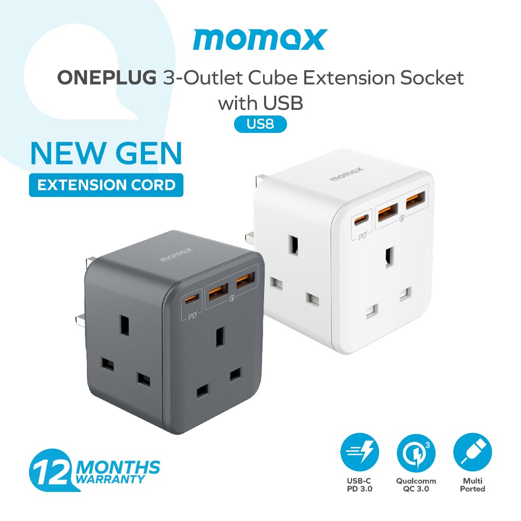 Momax US8 ONEPLUG 3-Outlet Cube Extension Socket with USB | Shopee ...