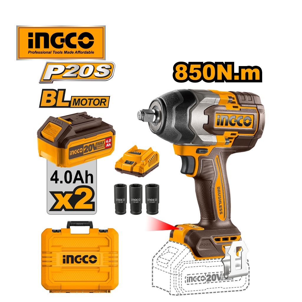 INGCO 20V Lithium Battery Cordless Impact Wrench with Battery and ...