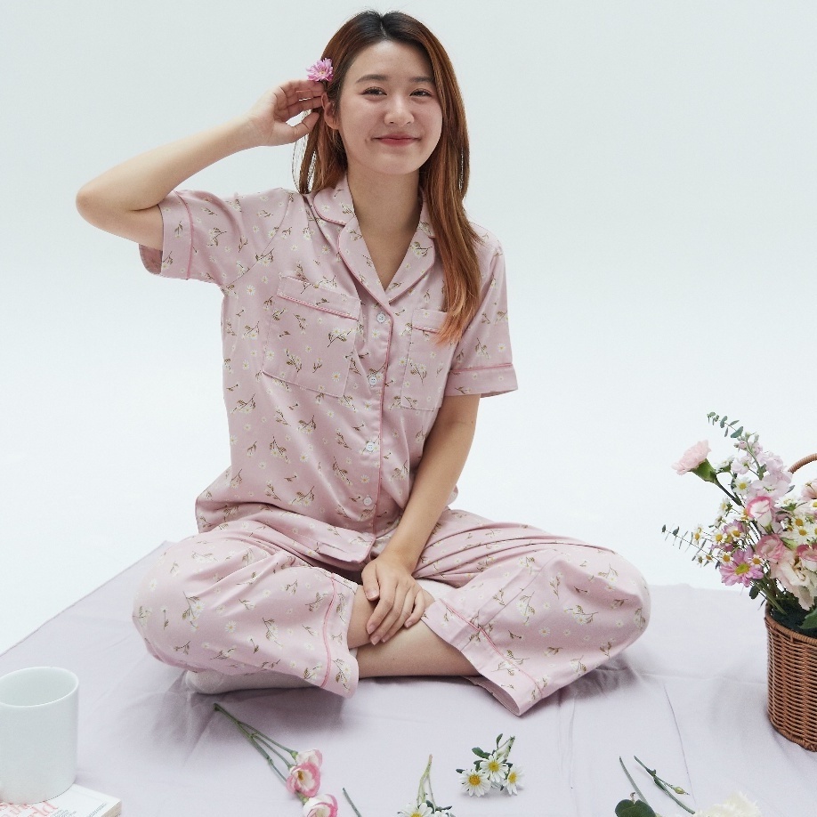 Sliptosleep - Pink Camomile pajamas set - cotton satin | Shopee Singapore
