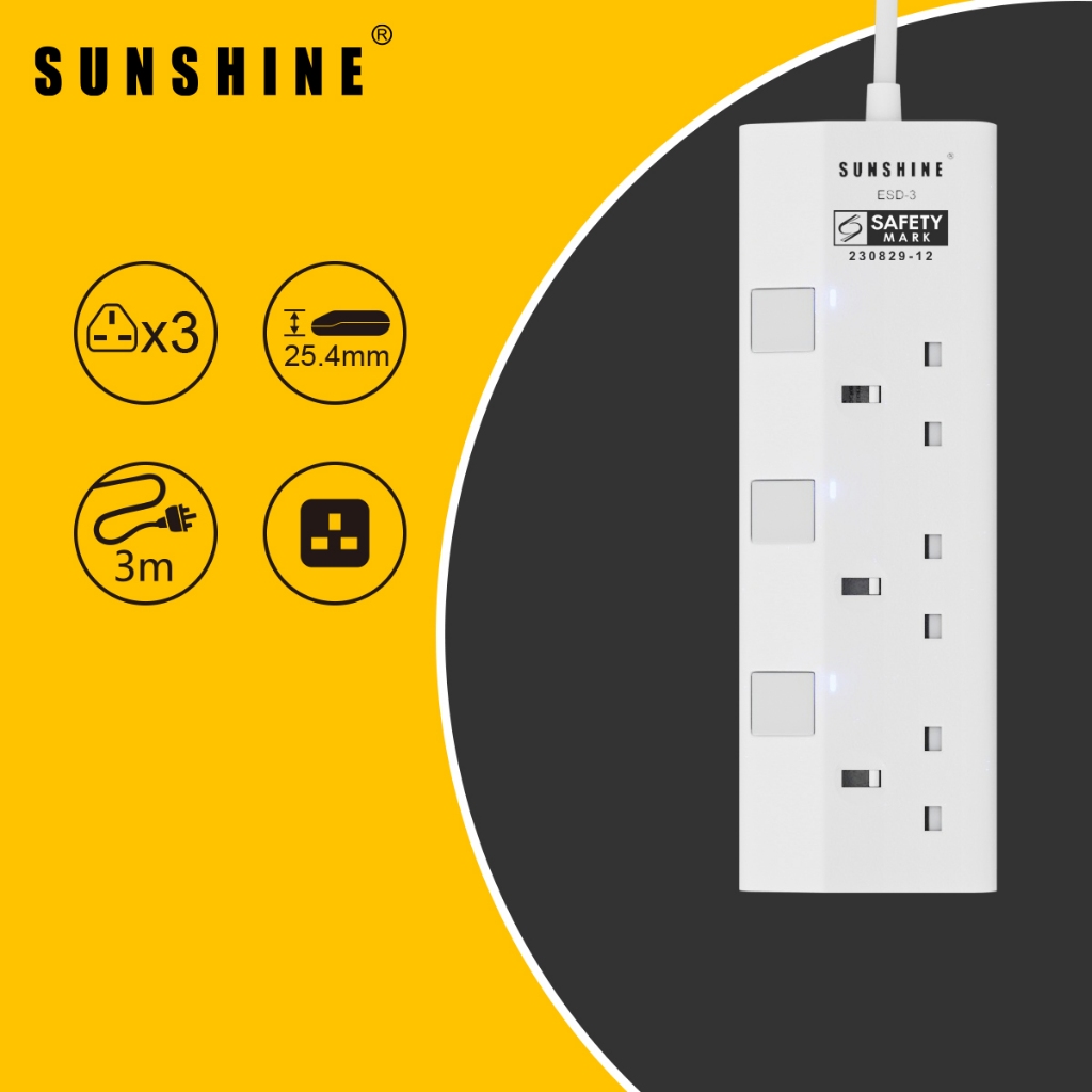 SUNSHINE 3/4/5/6 way Independent Switch Extension Socket 3 Meter cable ...