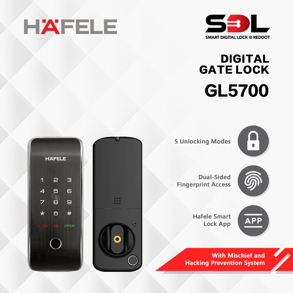 Hafele Digital Gate Lock GL5700 | Fingerprint | Pin Code | Card | Key ...