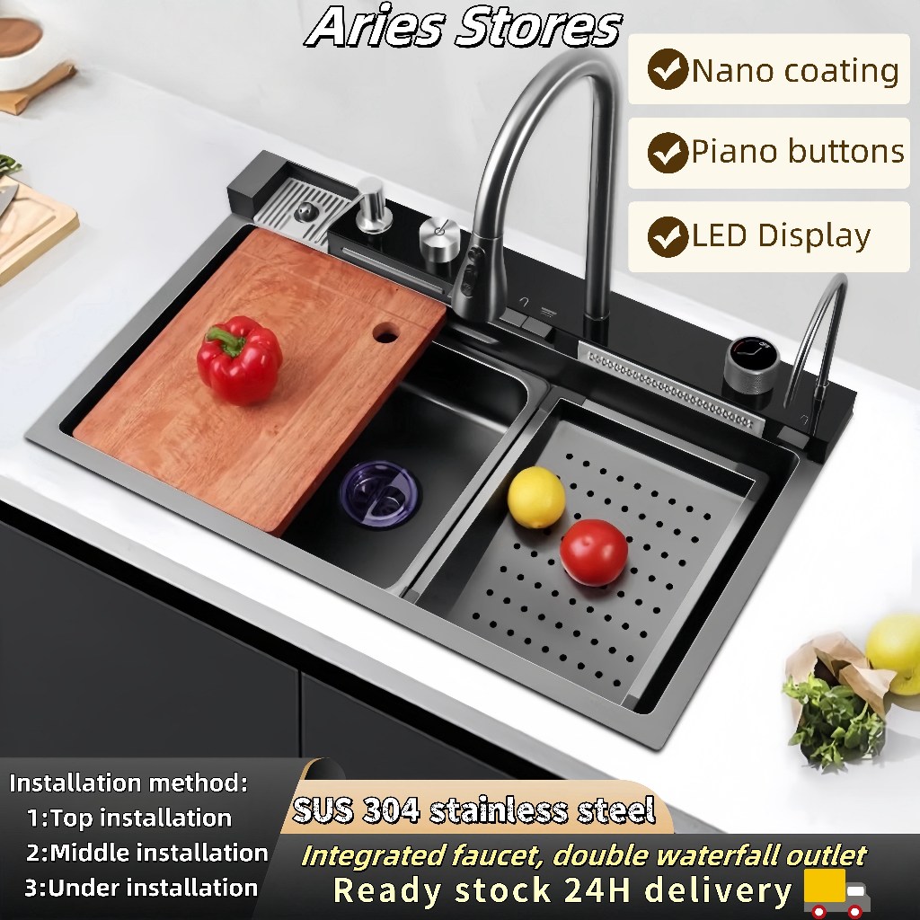 Sink 304 stainless steel LED water temperature display double flying ...