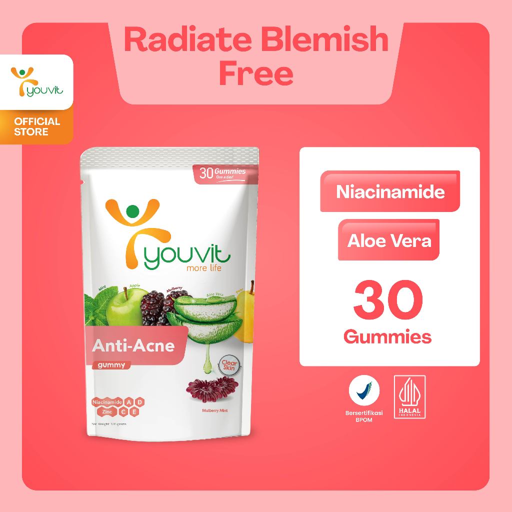 Youvit Anti-Acne Vitamin Gummy 30 Days with Niacinamide, Vitamin A ...