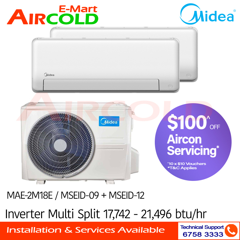 Midea Inverter Multi Split Aircon MAE-2M18E/MSEID-09 + MSEID-12 ...