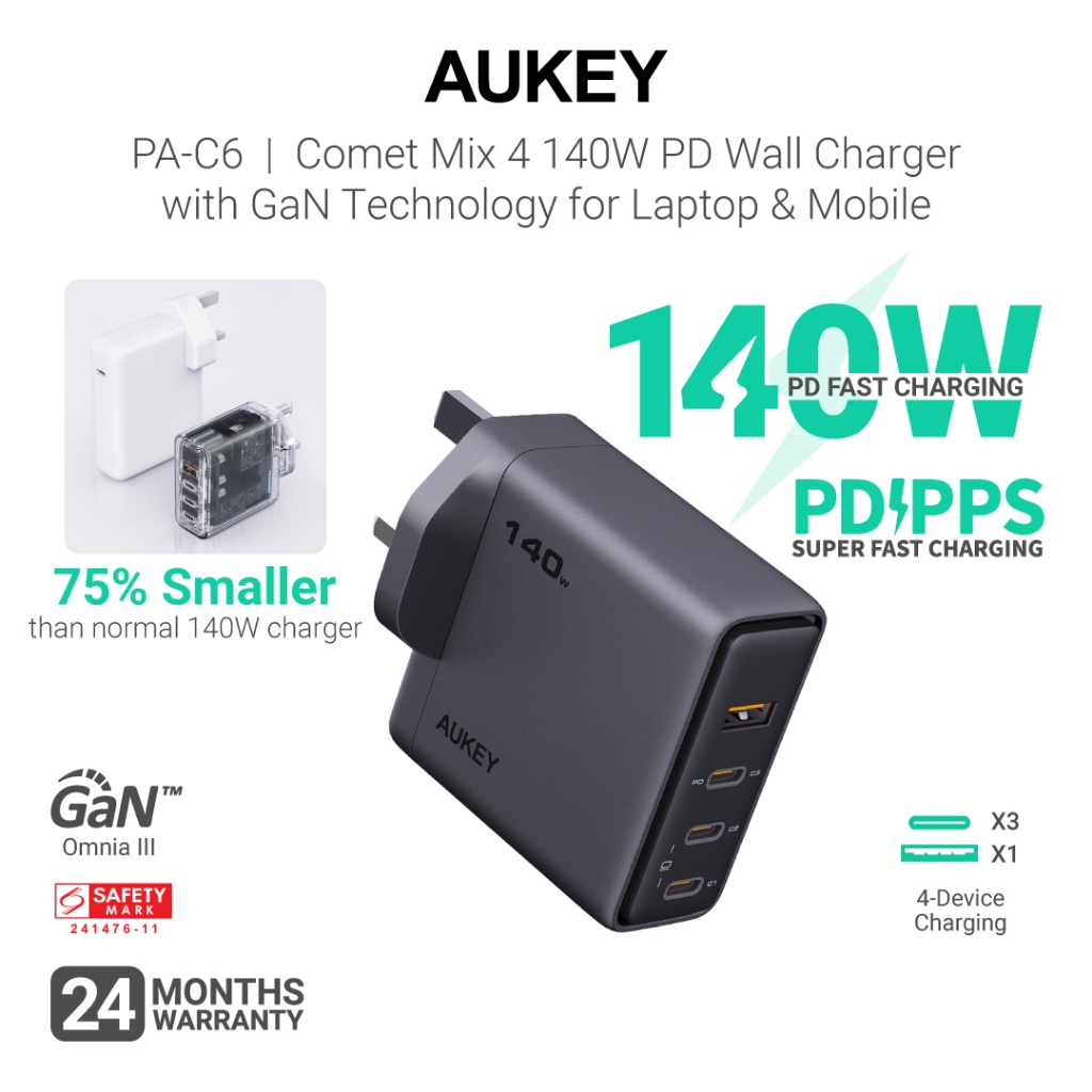 Aukey PA-C6 Comet Mix 4 140W PD PPS Super Fast Charging 4-Port GaN Wall ...