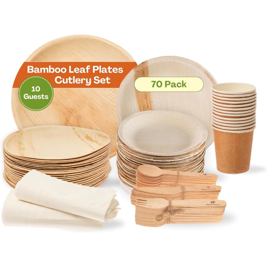 70 Disposable Leaf/Bamboo Plates and Cutlery Pack for a 10 Guest ...