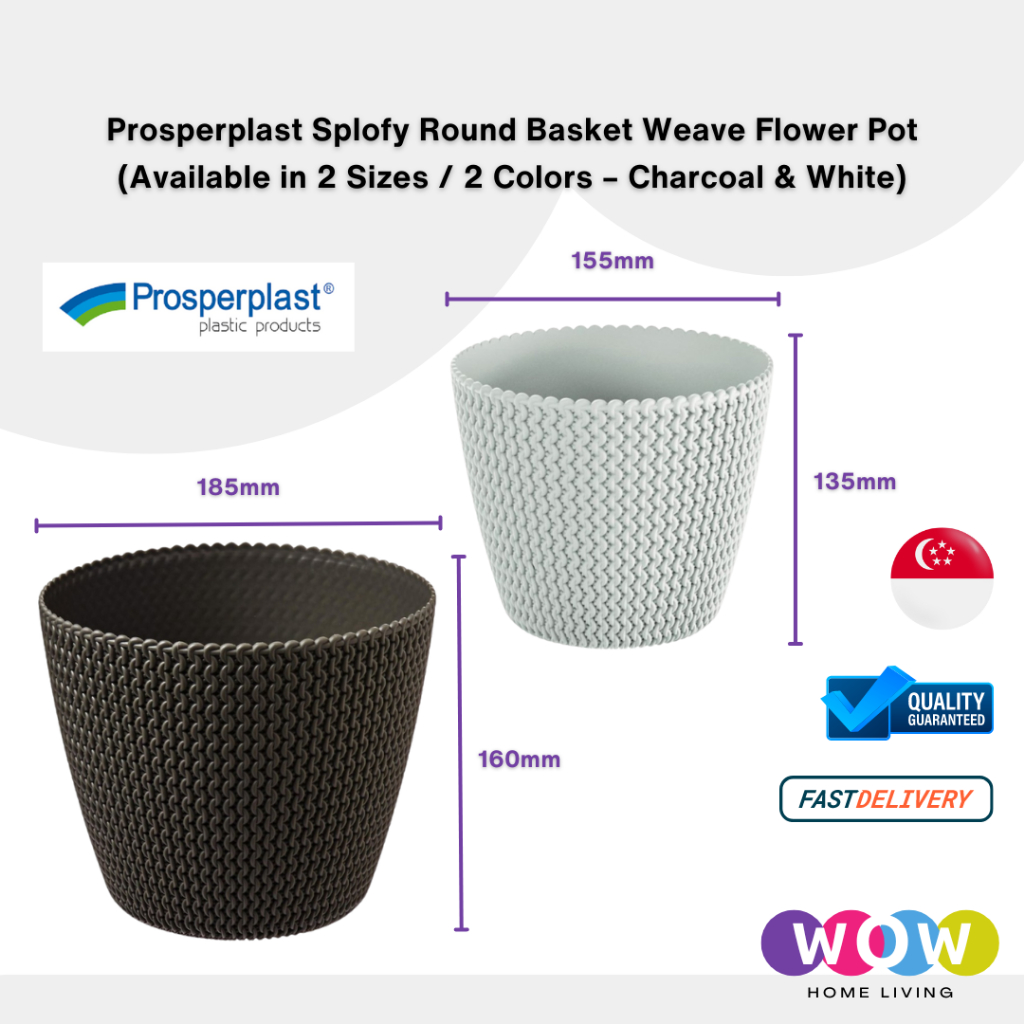 Prosperplast Splofy Round Basket Wave Flower Pot (Charcoal/White) 2 ...