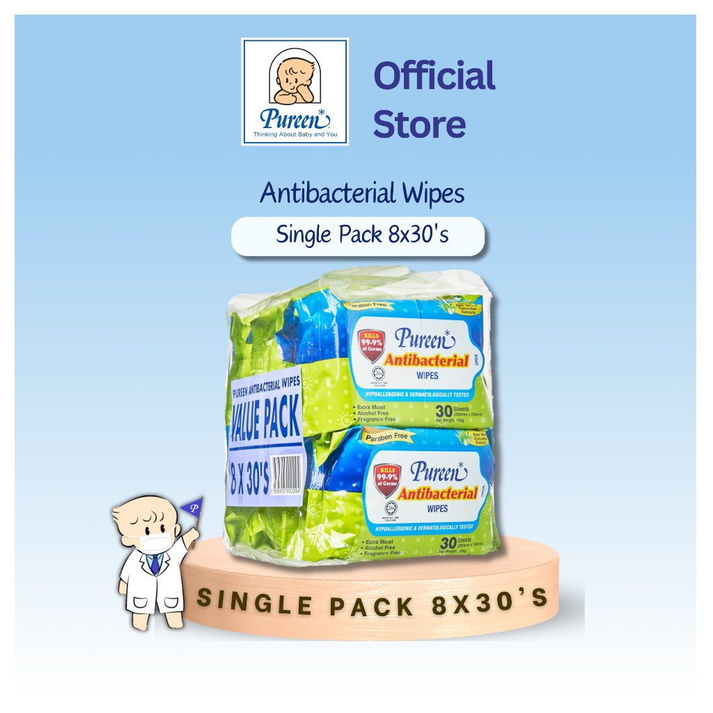 Pureen Antibacterial Wipes 8x30's | Shopee Singapore