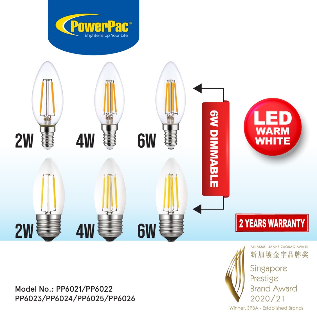 PowerPac LED Bulb, Candle Bulb, LED Light 2/4/6W E14/E27 Warm White ...