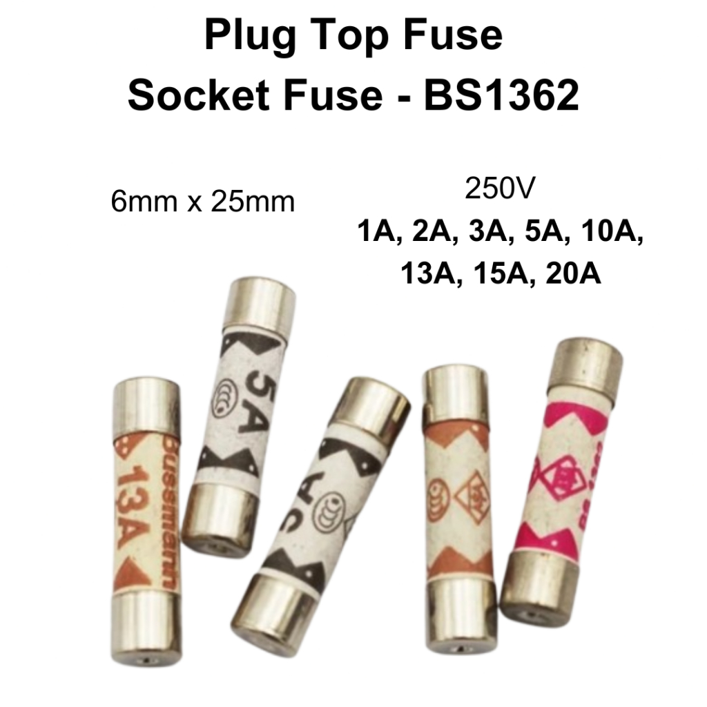 (5pcs) Plug Top Fuse BS1362 6x25 250V 13A 1A 2A 3A 5A 10A 15A 20A Ceramic Tube Fuse Plug Top ...