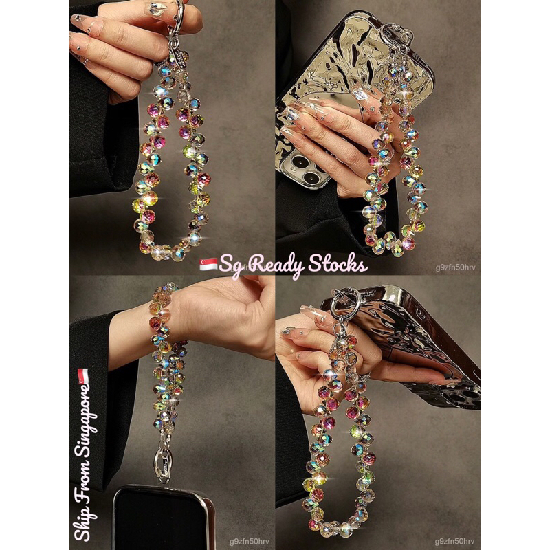 [Sg Ready Stocks] Luxury Crystal Beads Wrist Chain Clip Mobile Phone ...