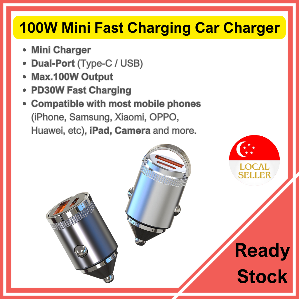 100W Mini Car Charger with USB & Type-C Port Fast Charging QC3.0 PD30W ...
