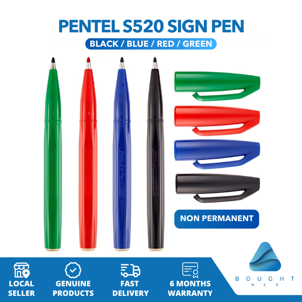 Pentel S520 Sign Pen Black Blue Red Green Soft Broad Acrylic Fibre ...