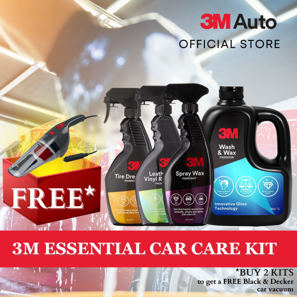 3M Essential Car Care Kit - Wash & Wax, Spray Wax, Leather Vinyl ...