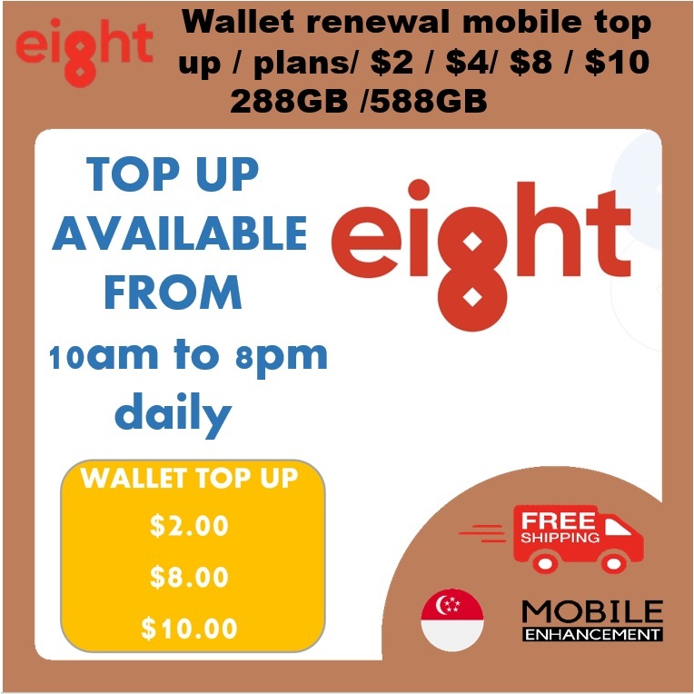 Eight telecom renewal top up $2 /$3 / $5 /$6 / $8 / $10 /wallet renewal ...