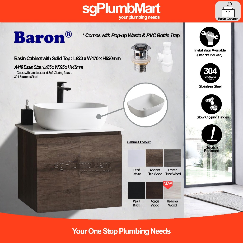 Baron x sgPlumbMart A103-ST Solid Top Stainless Steel Basin Cabinet Set ...