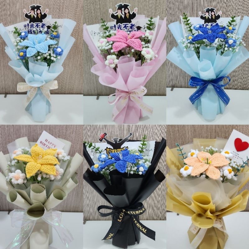 Lily Crochet Flower Bouquet/Anniversary/Birthday/Graduation/Valentine/Hari Raya/Diwali/Mother's ...