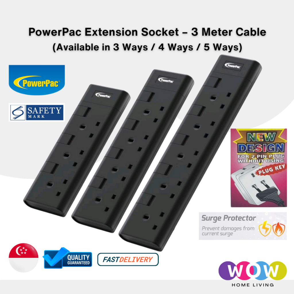 PowerPac Extension Socket 3 Meter Cable Available In 3 Way / 4 Way / 5 ...