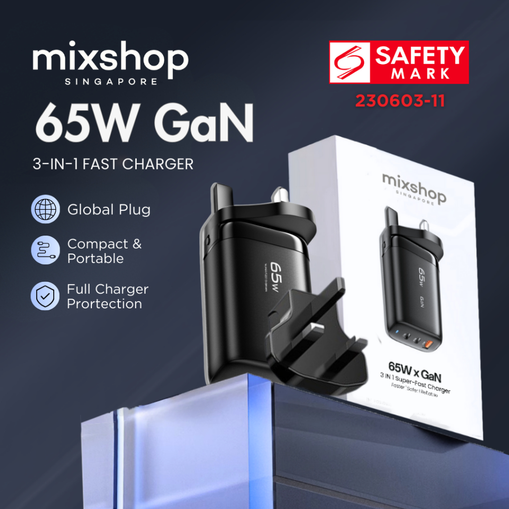 mixshop 65W GaN PD Super Fast Charger with UK/US Plugs/Multi Plug Travel Adapter/2 Type C+1 USB ...