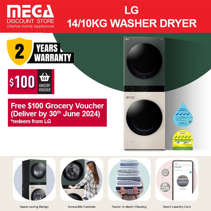 LG WT1410NHEG 14/10KG WASHTOWER WASHER DRYER + FREE $100 VOUCHER BY LG ...