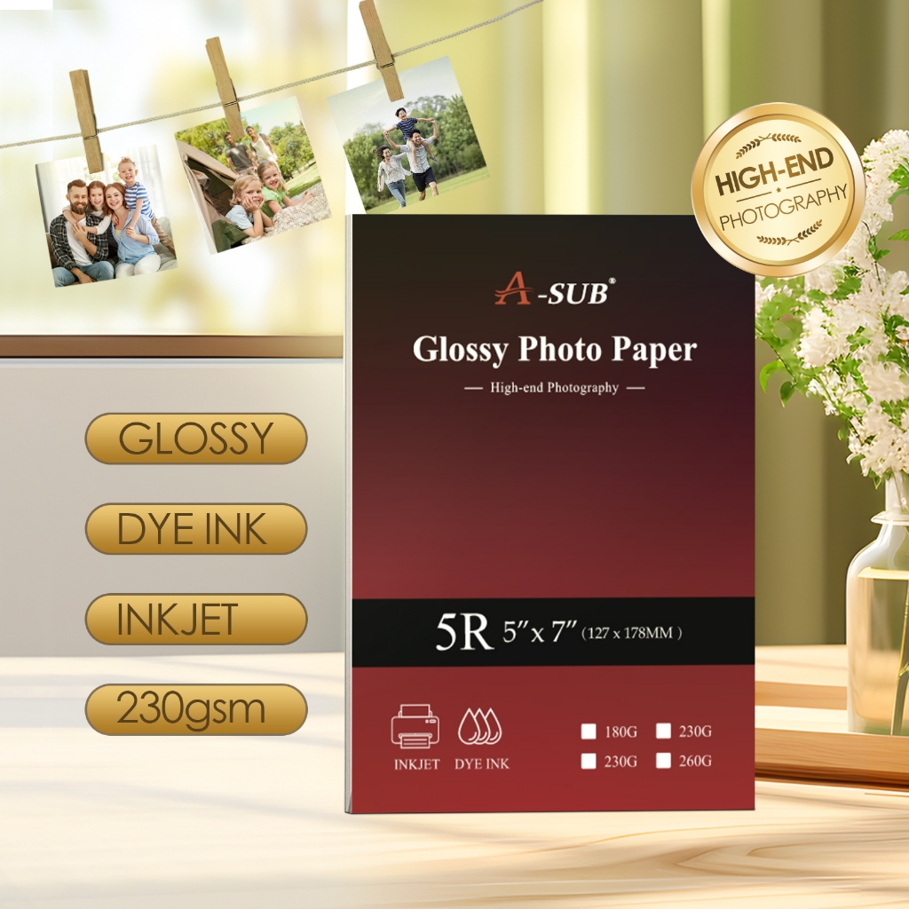 【5R Glossy 230gsm】A-SUB 5R Glossy Photo Paper 230gsm Photograph Printing for Inkjet Printers ...