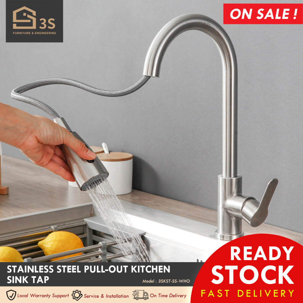[3S FURNITURE] 360°Rotating SUS 304 Stainless Steel Pull-out Kitchen Mixer (3 Months Local ...