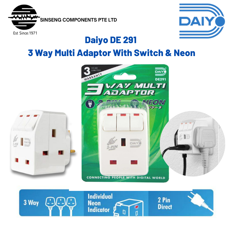 Daiyo DE291 3 Way Multi Adaptor Plug Socket With Switch & Neon Light ...