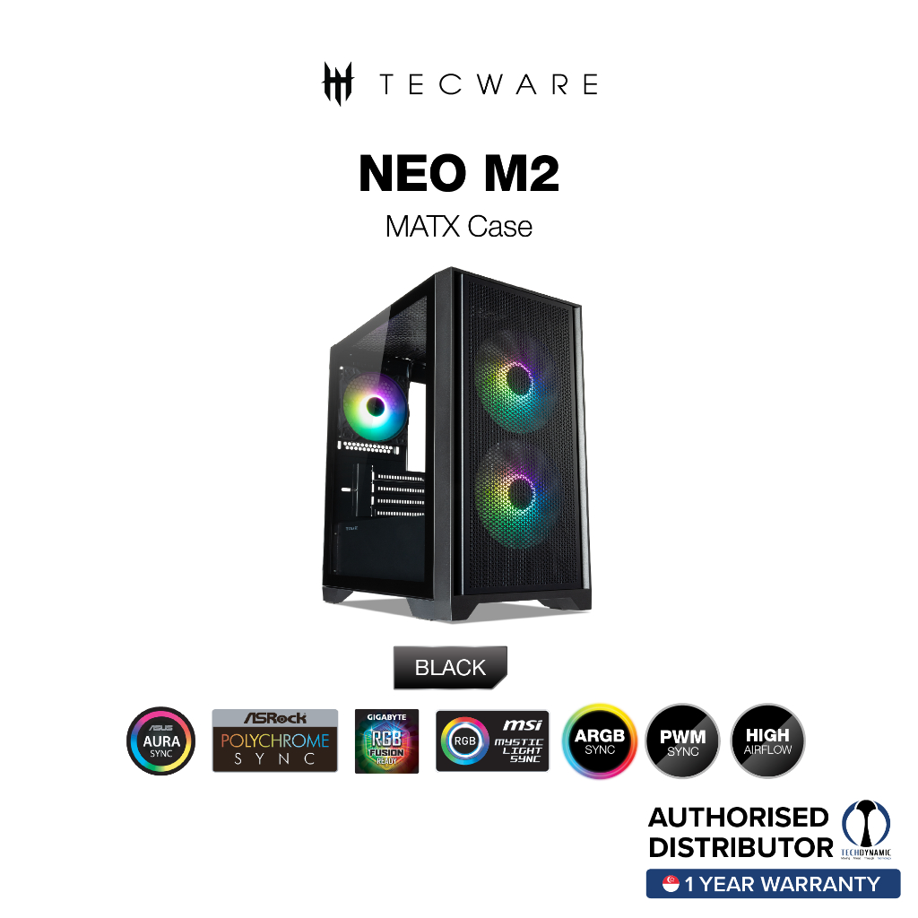 TECWARE Neo M2 Steel / TG Black / ARGB TG MATX Case, 2 x 140mm ARGB ...