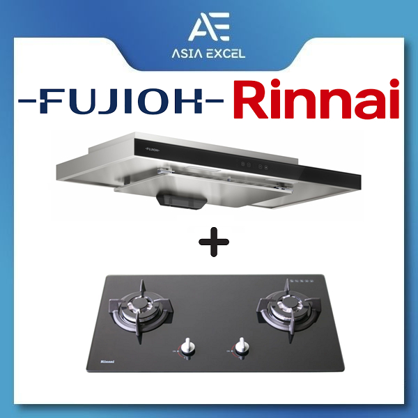 FUJIOH FR-MS2390R 90CM SLIMLINE HOOD WITH TOUCH CONTROL + RINNAI RB-7302S-GBS 2-BURNER GLASS GAS ...
