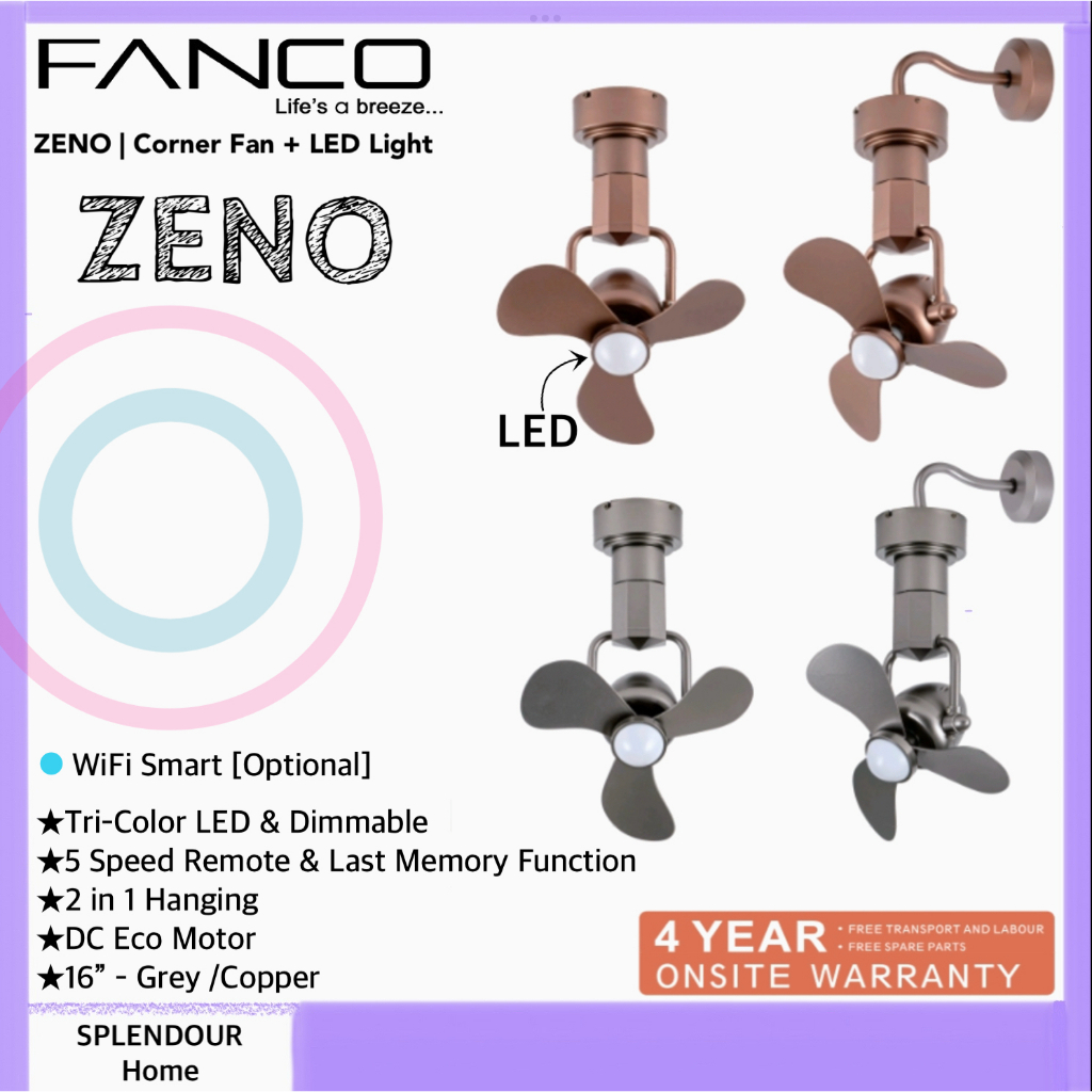Fanco Zeno DC Corner Fan | 16" | Tri-Color LED Dimmable | 150 degrees ...