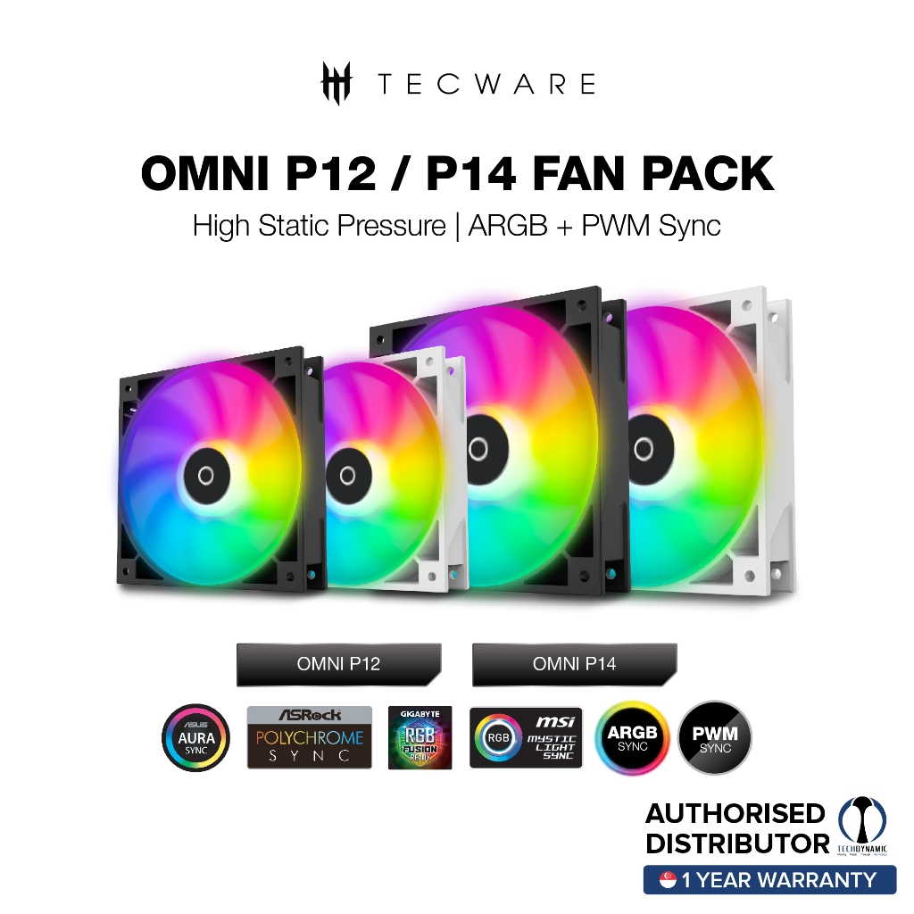 TECWARE Omni P12 / P14 Fan Packs, 4pin PWM + 3pin ARGB, 1800 RPM, PWM + ARGB SYNC, Black & White ...