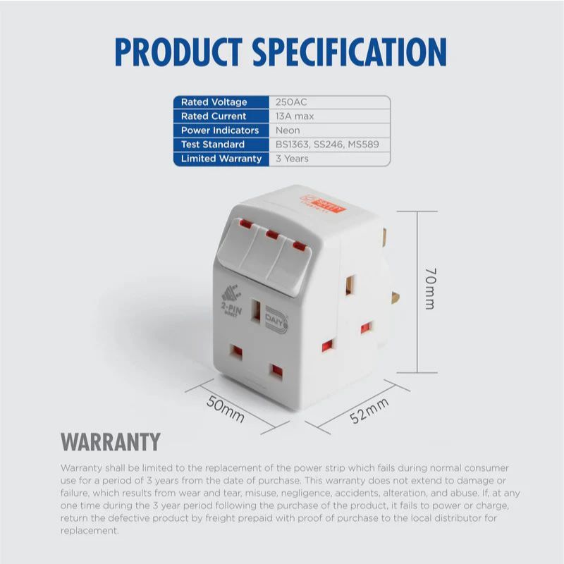 Daiyo DE291 3 Way Multi Adaptor Plug Socket With Switch & Neon Light ...