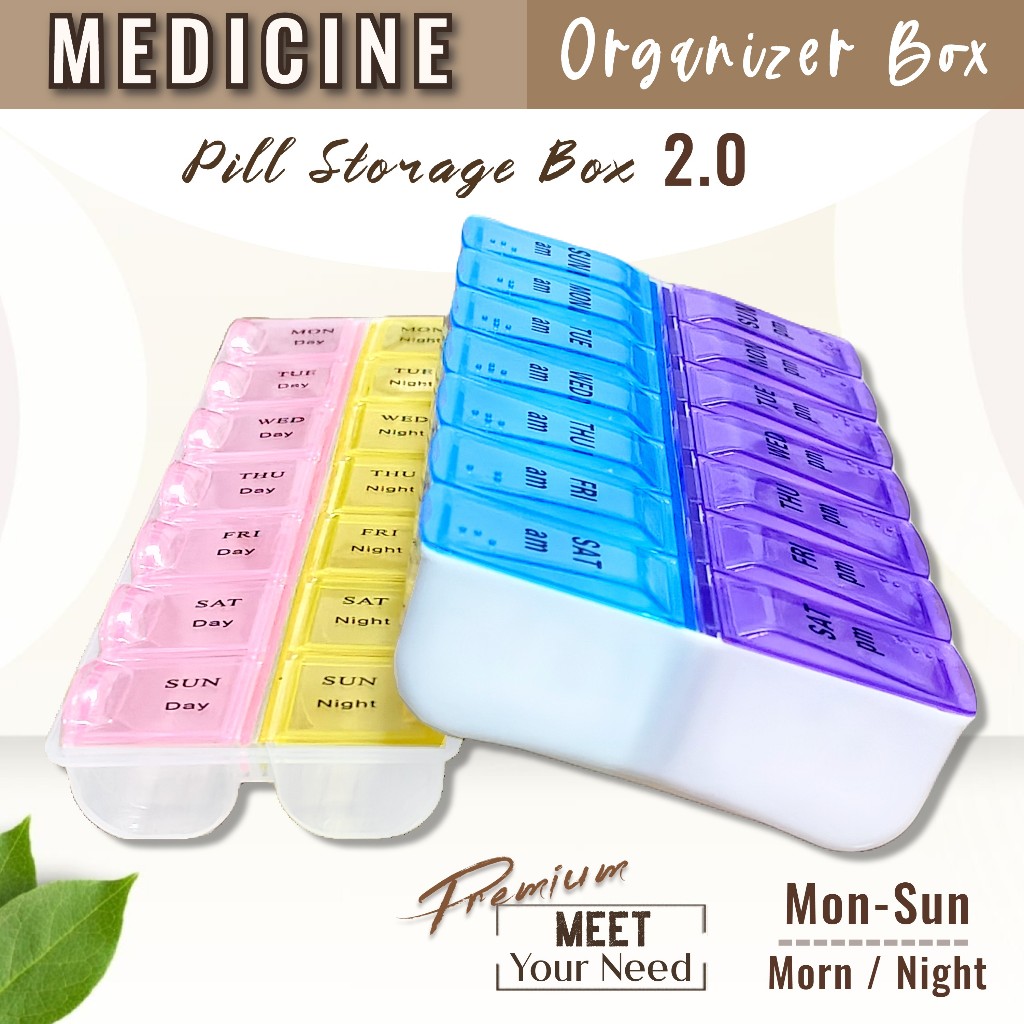 2 Pcs of Medicine Box (14 Compartments) Pill Organizer Medication ...