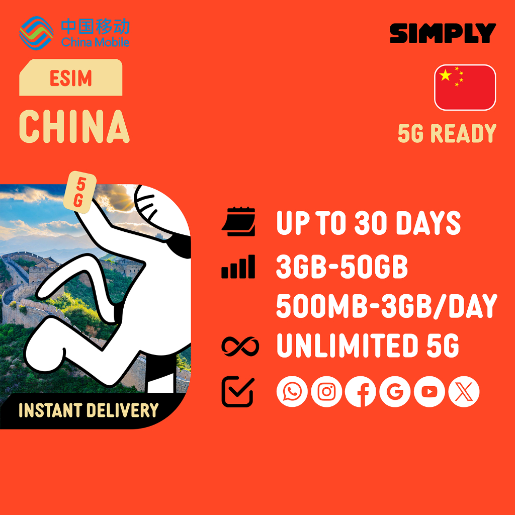 SIMPLY [eSIM] China | 3-20 Days | Daily 500MB/1GB/2GB/3GB | Unlimited4G ...